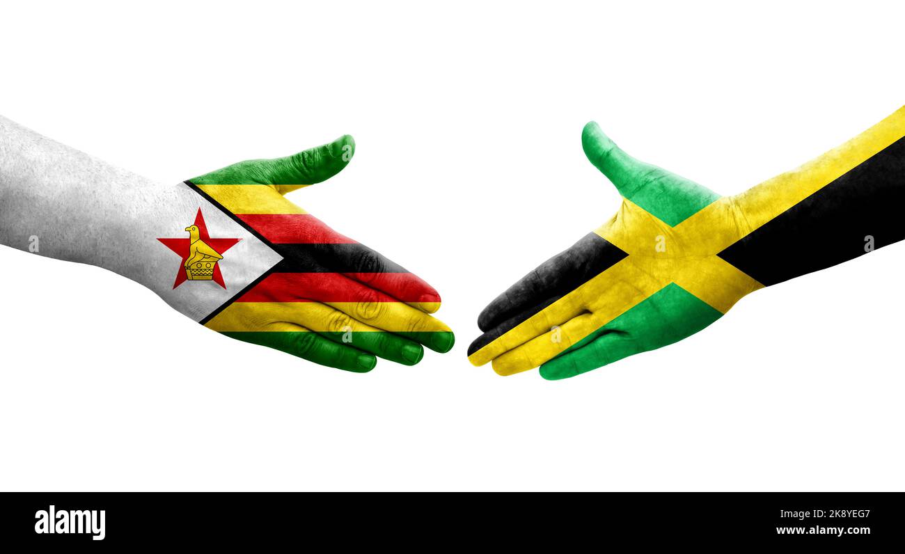 Handshake between Jamaica and Zimbabwe flags painted on hands, isolated ...