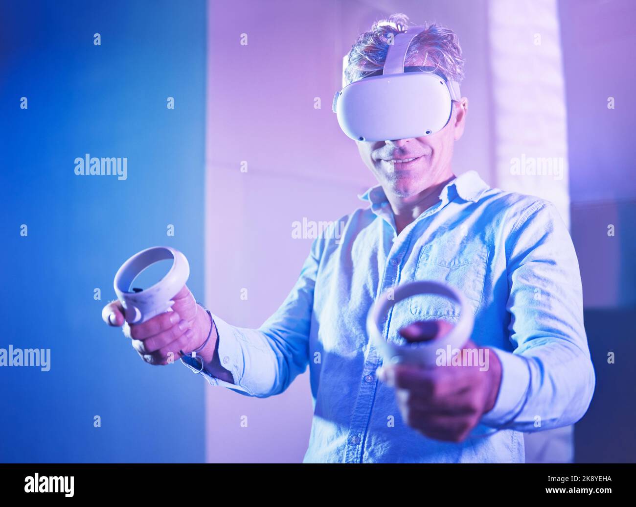 Metaverse, virtual reality headset or gaming console for mature man in ...