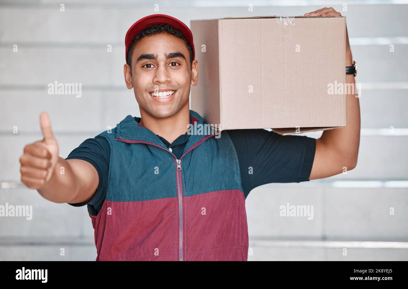 Thumbs up, success and courier with a delivery, box or ecommerce stock ...