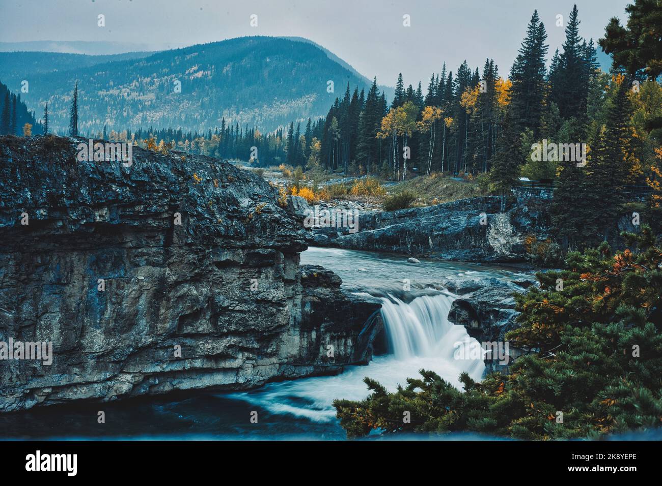 An aerial view of flowing waterfall from rocks surrounded by autumn ...
