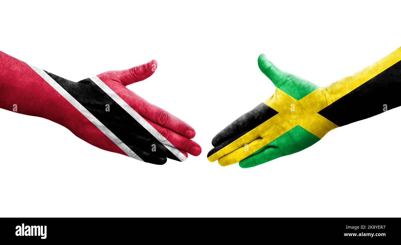 Handshake between Jamaica and Trinidad Tobago flags painted on hands, isolated transparent image ...
