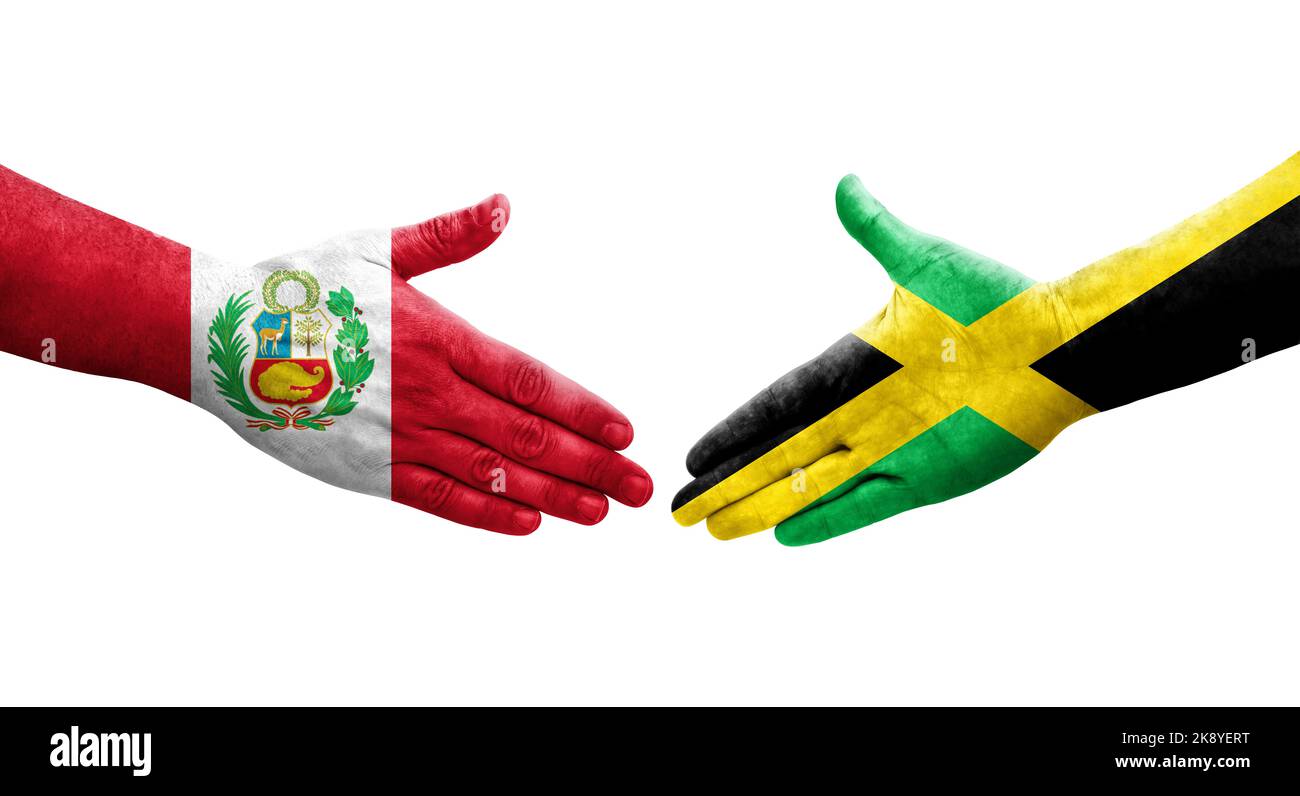 Handshake between Jamaica and Peru flags painted on hands, isolated ...