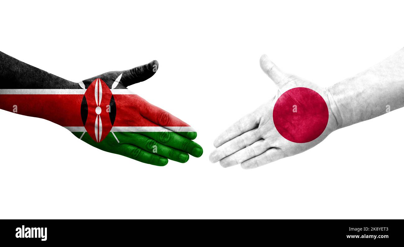 Handshake between Japan and Kenya flags painted on hands, isolated ...