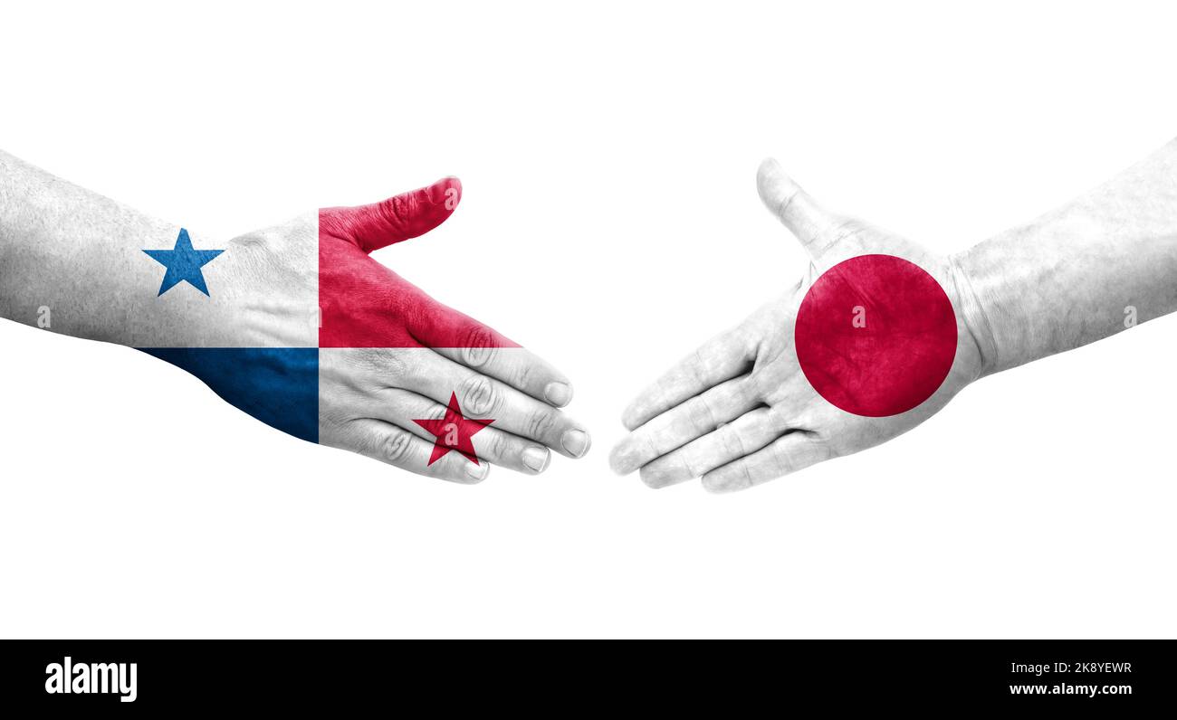 Handshake between Japan and Panama flags painted on hands, isolated ...