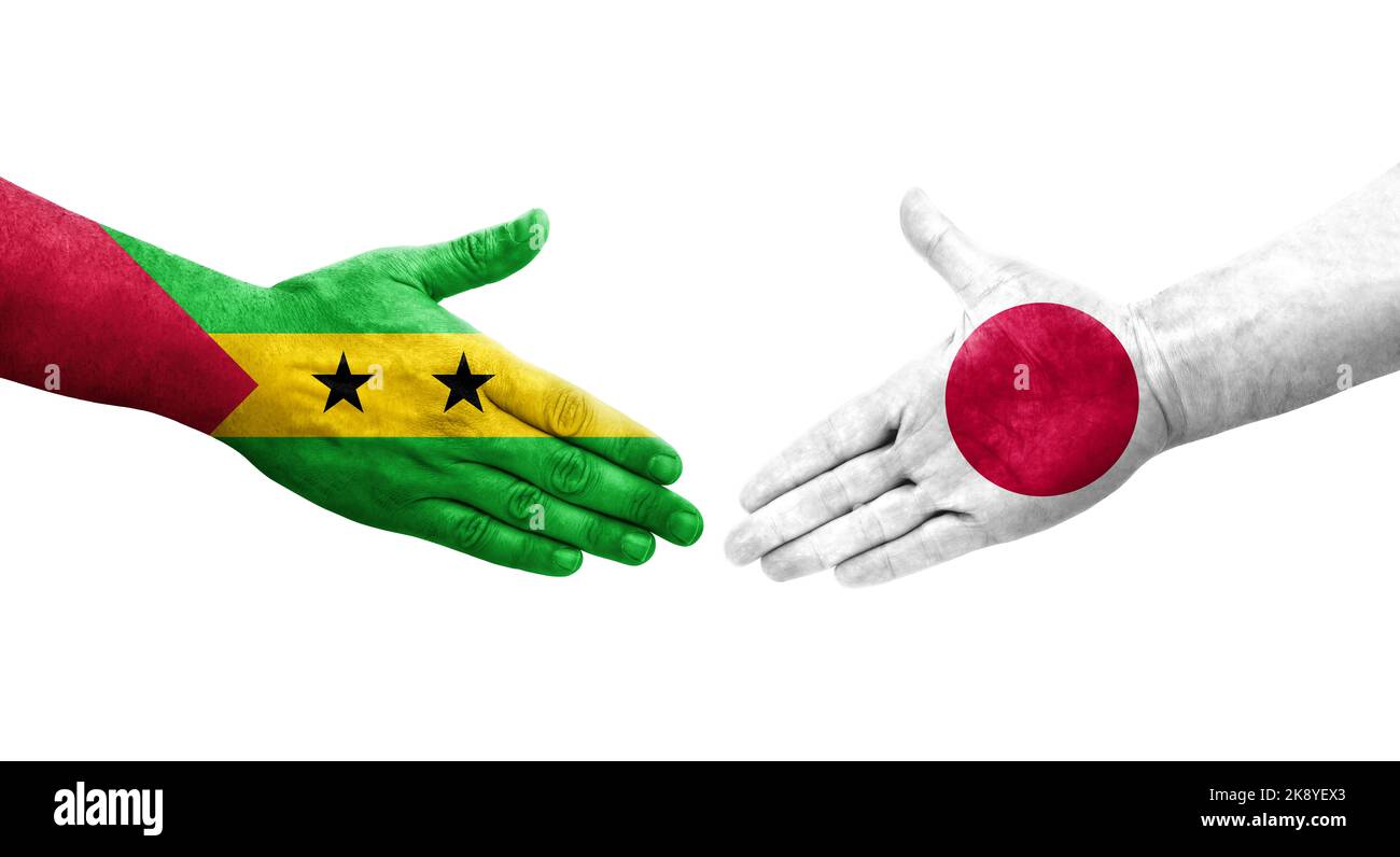 Handshake between Japan and Sao Tome and Principe flags painted on ...