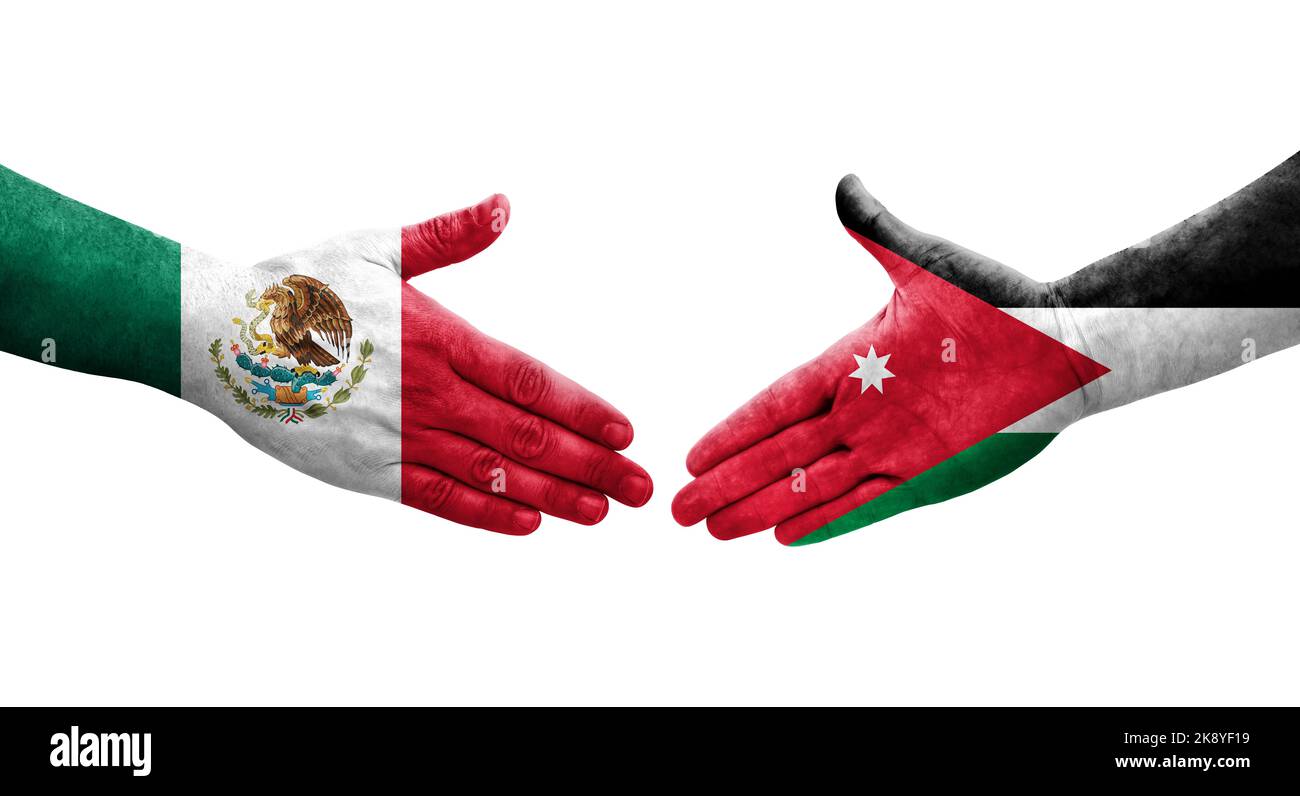Handshake between Jordan and Mexico flags painted on hands, isolated ...