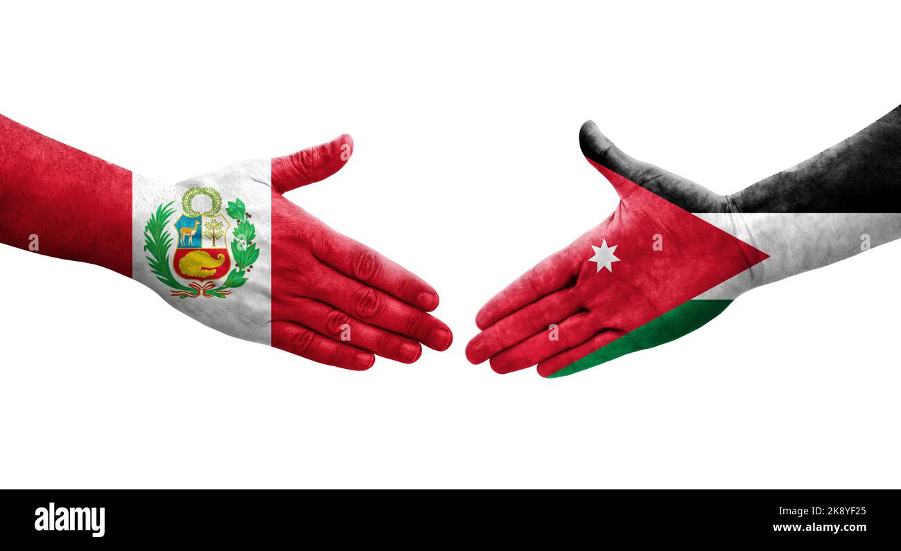 Handshake between Jordan and Peru flags painted on hands, isolated ...