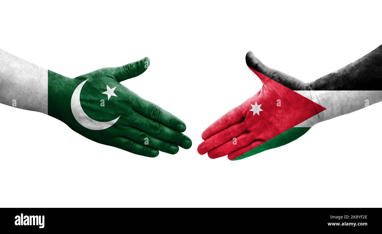 Handshake between Jordan and Pakistan flags painted on hands, isolated ...