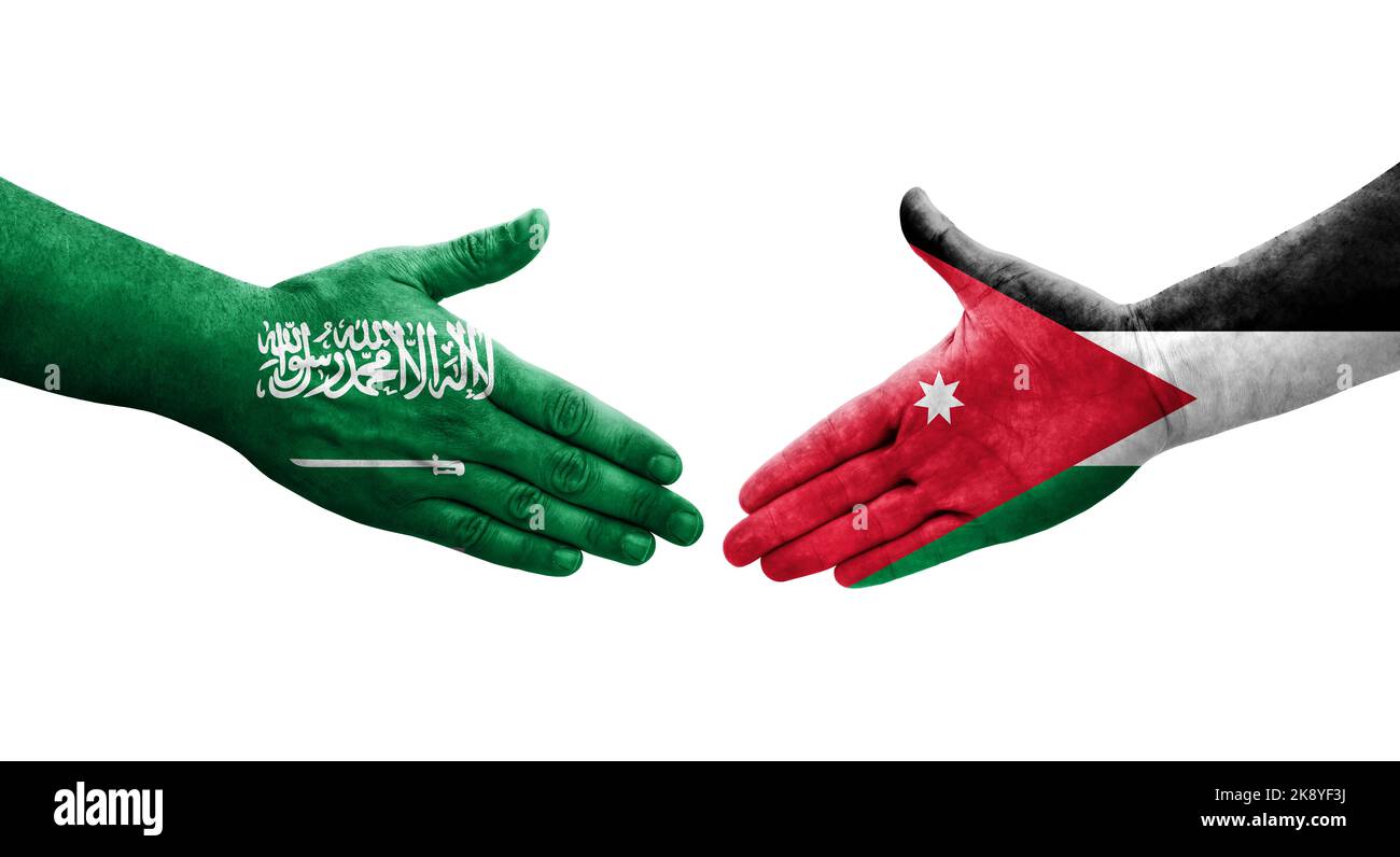 Handshake between Jordan and Saudi Arabia flags painted on hands ...