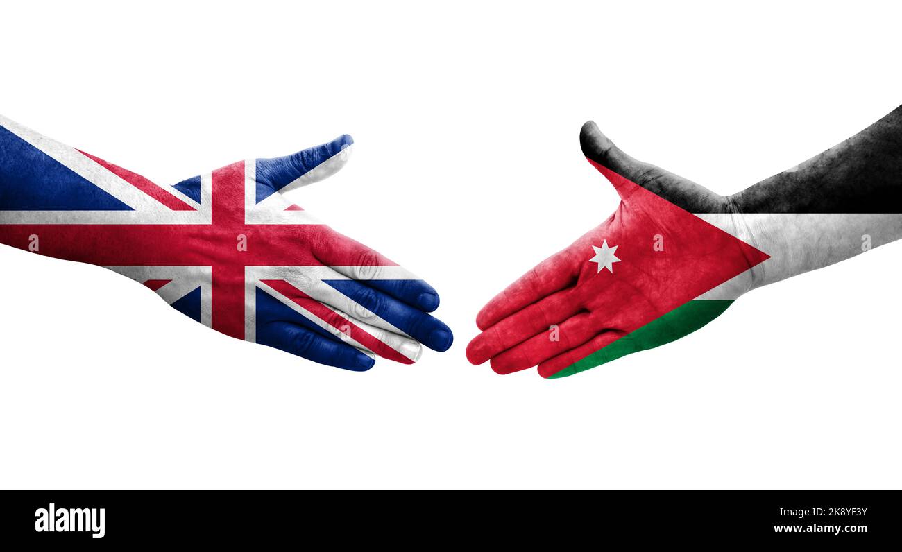 Handshake between Jordan and United Kingdom flags painted on hands ...