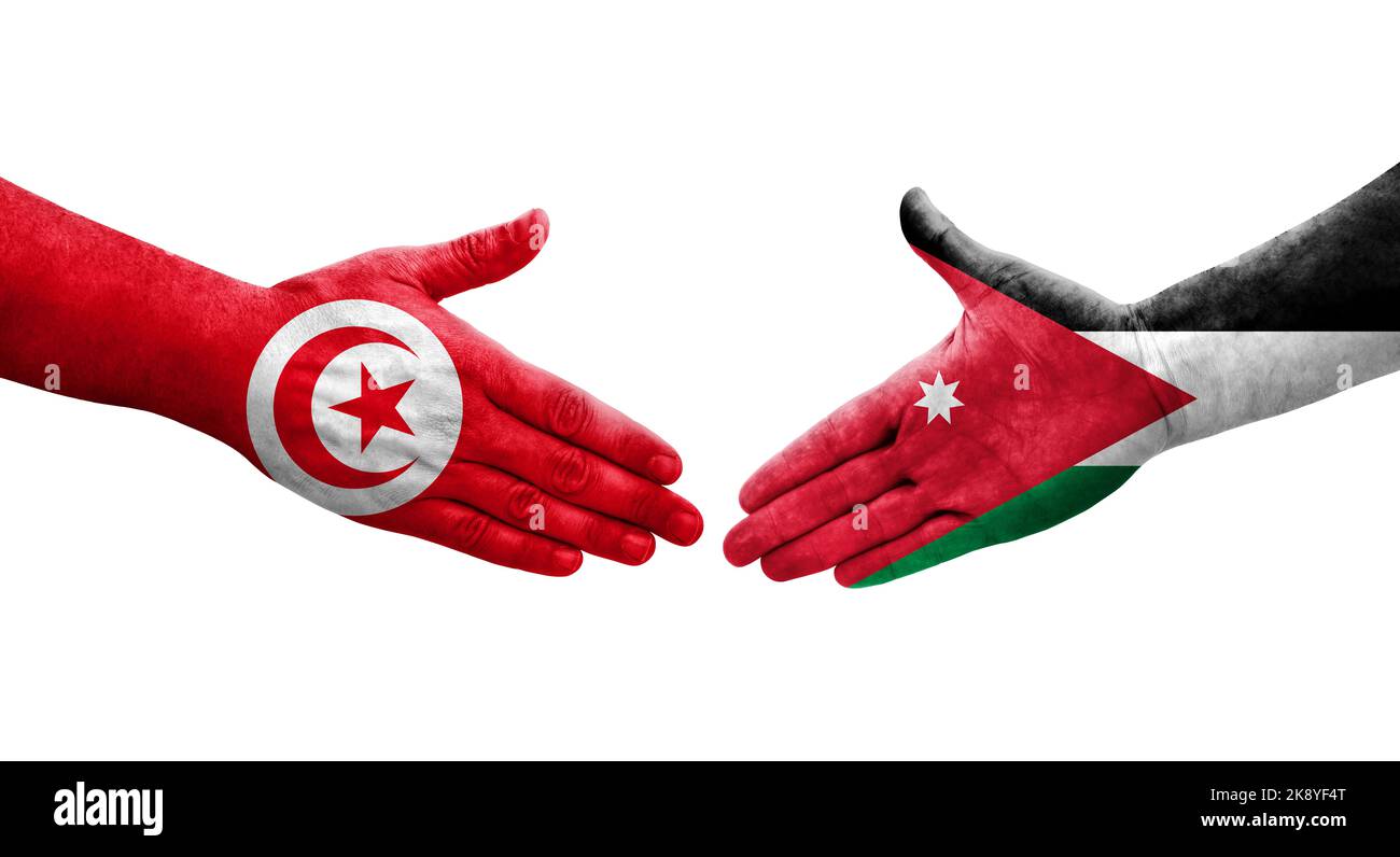 Handshake between Jordan and Tunisia flags painted on hands, isolated ...