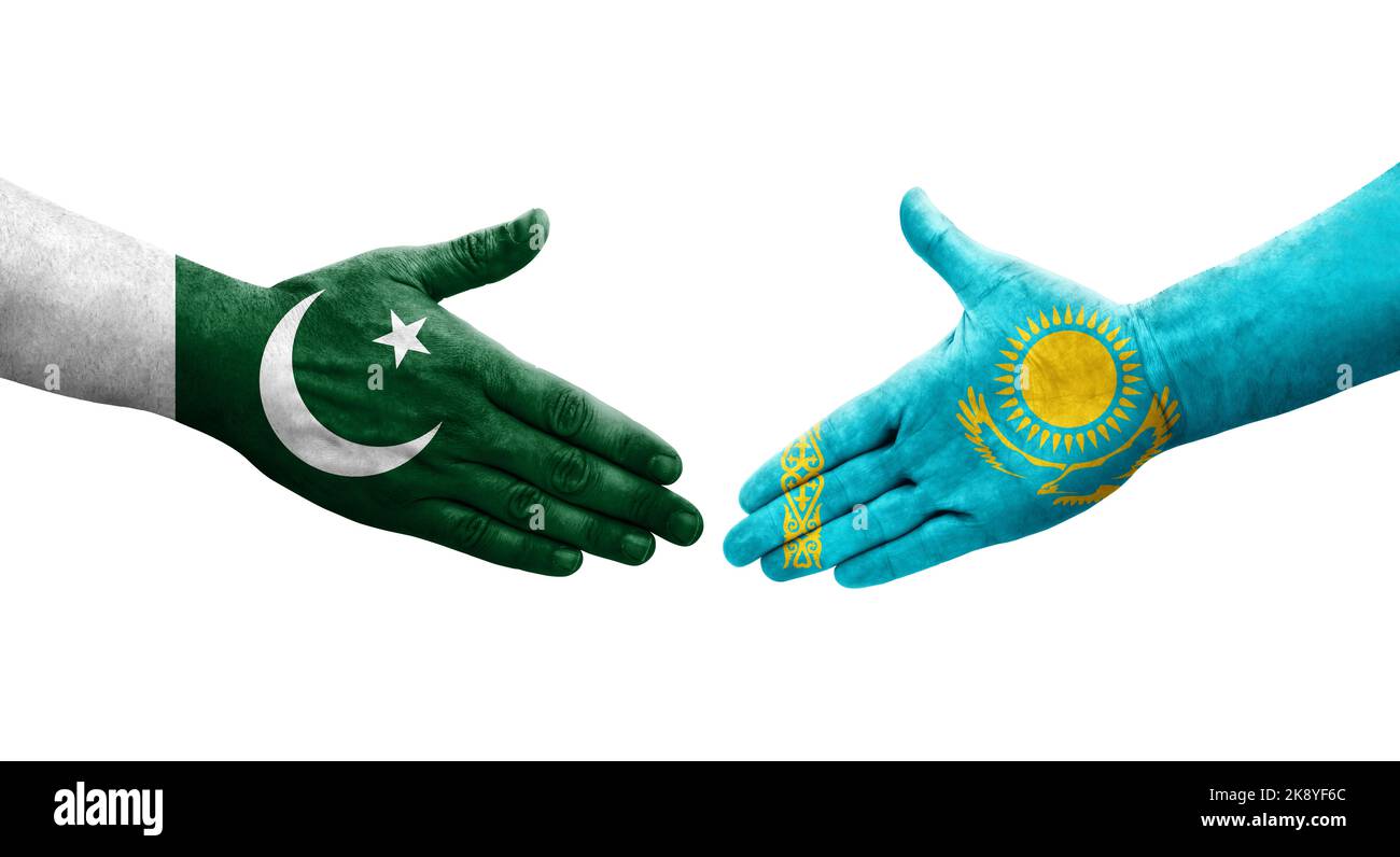 Handshake between Kazakhstan and Pakistan flags painted on hands ...