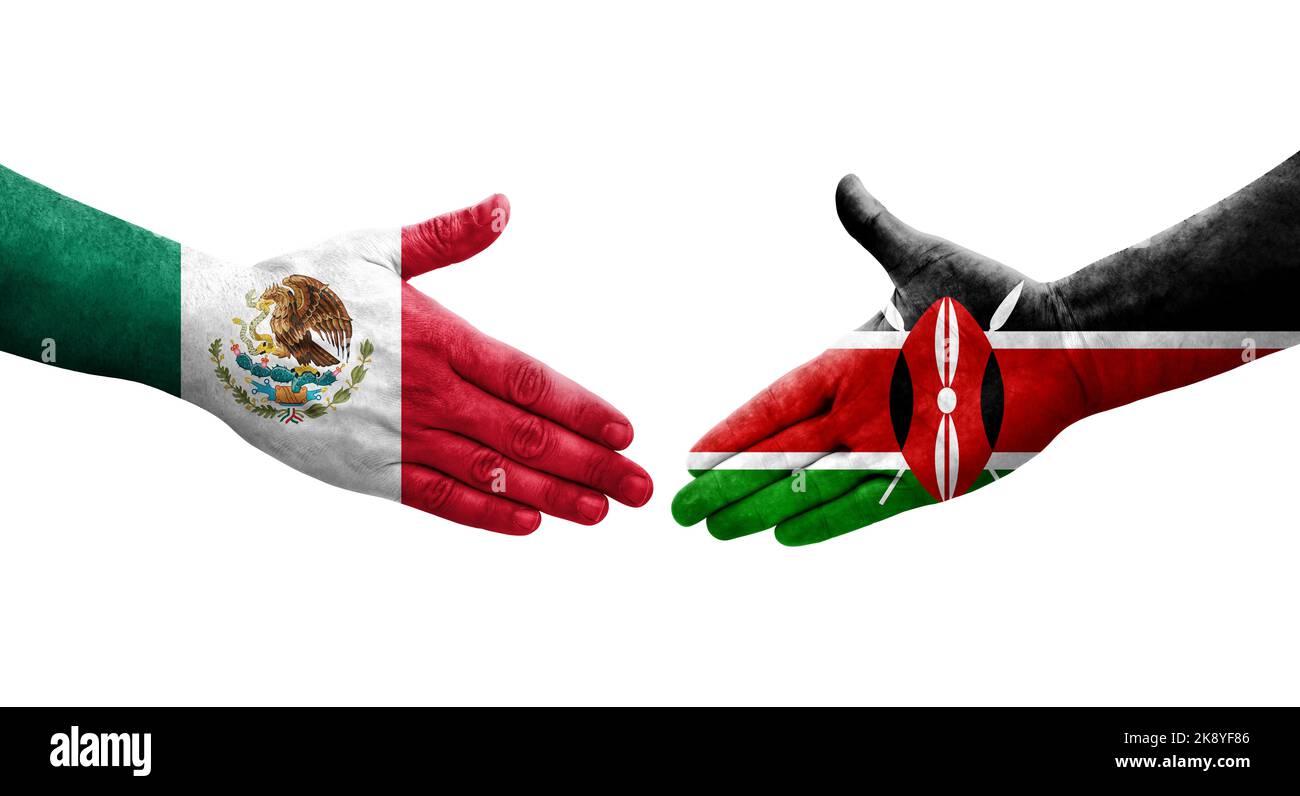 Handshake between Kenya and Mexico flags painted on hands, isolated ...
