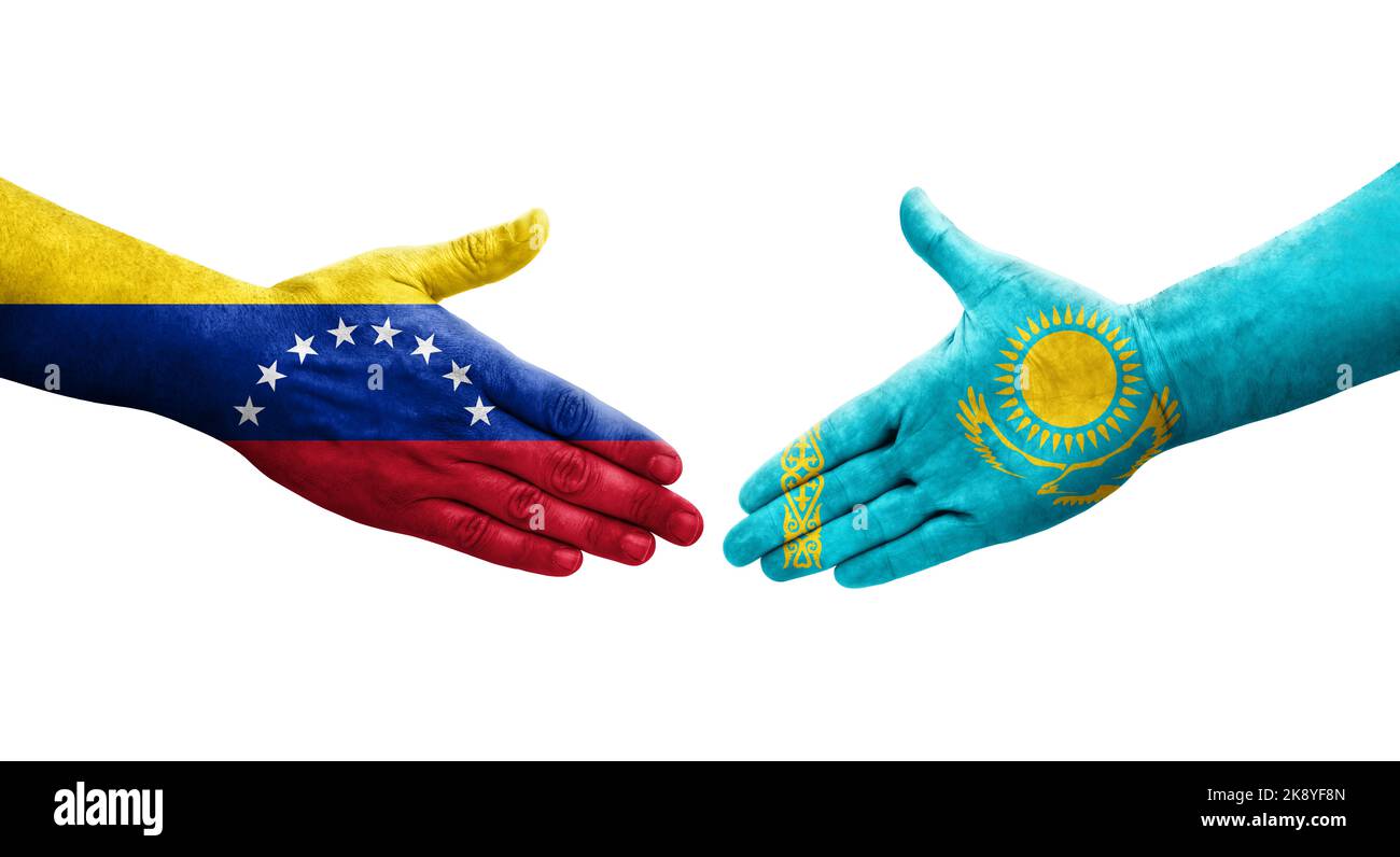 Handshake between Kazakhstan and Venezuela flags painted on hands ...