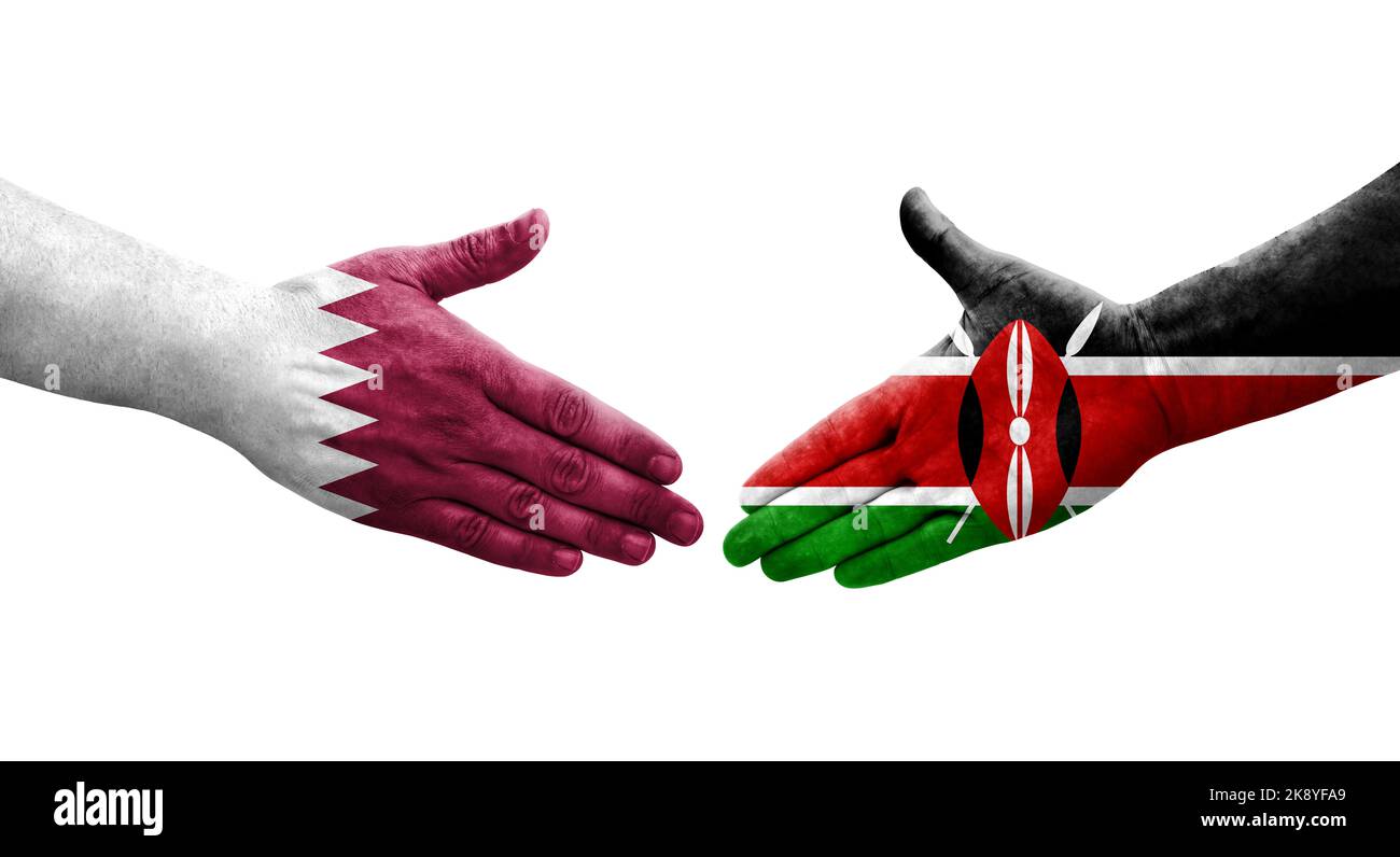 Handshake between Kenya and Qatar flags painted on hands, isolated ...