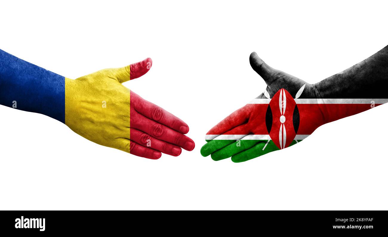 Handshake between Kenya and Romania flags painted on hands, isolated ...
