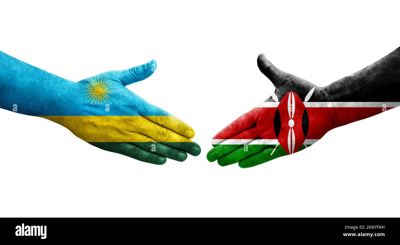 Handshake between Kenya and Rwanda flags painted on hands, isolated ...