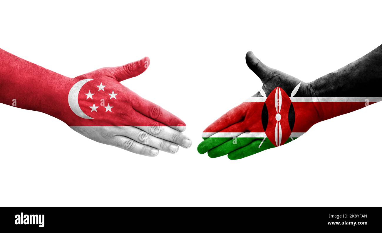 Handshake between Kenya and Singapore flags painted on hands, isolated ...