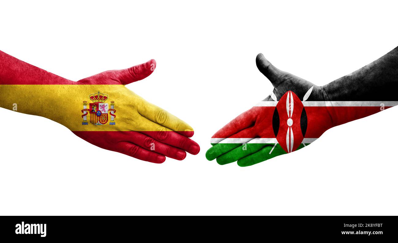 Handshake between Kenya and Spain flags painted on hands, isolated ...