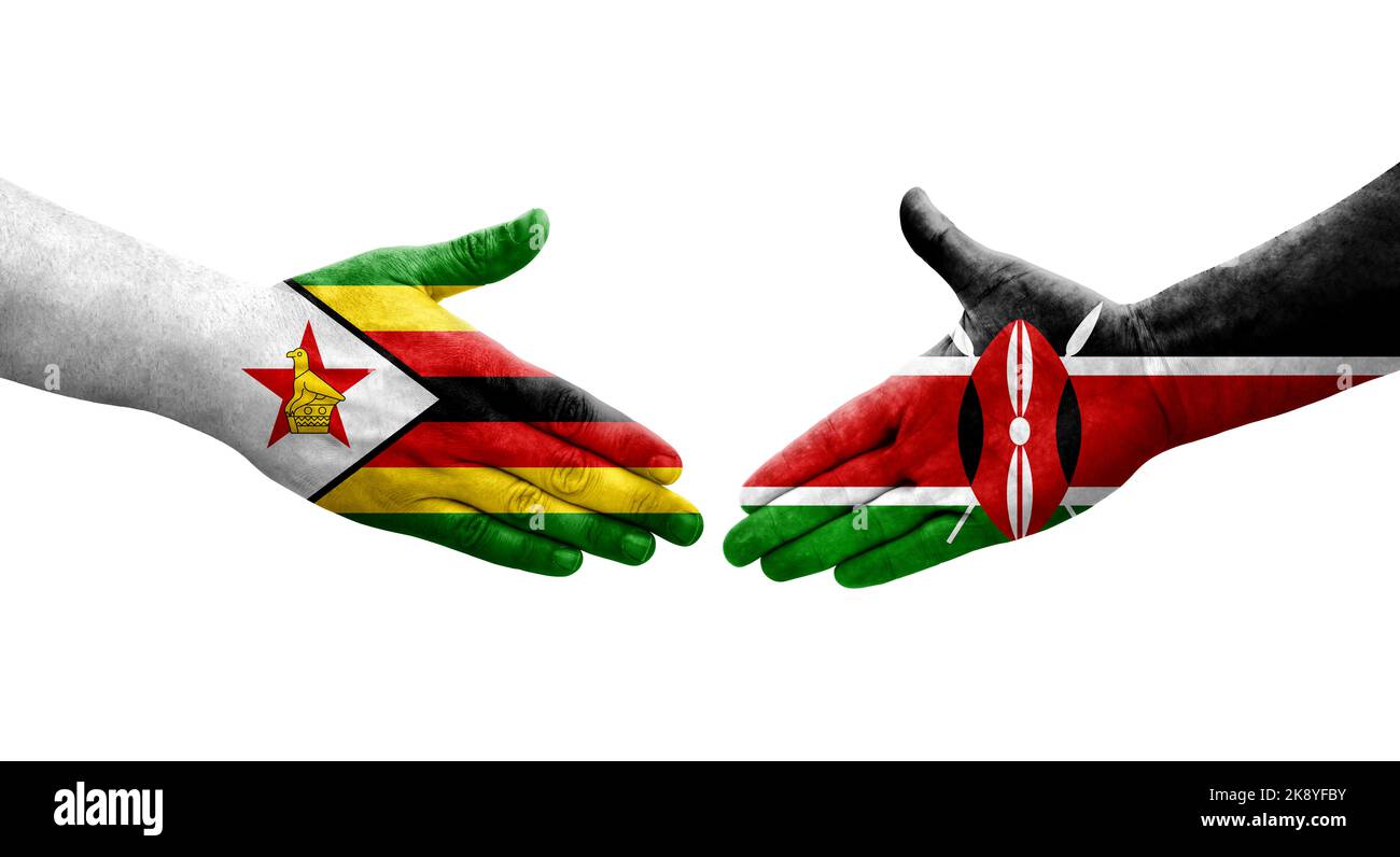 Handshake between Kenya and Zimbabwe flags painted on hands, isolated ...