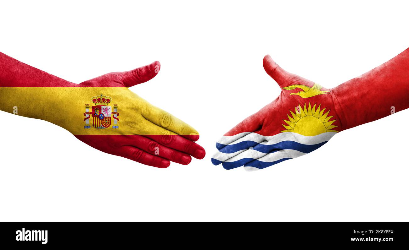 Handshake between Kiribati and Spain flags painted on hands, isolated ...