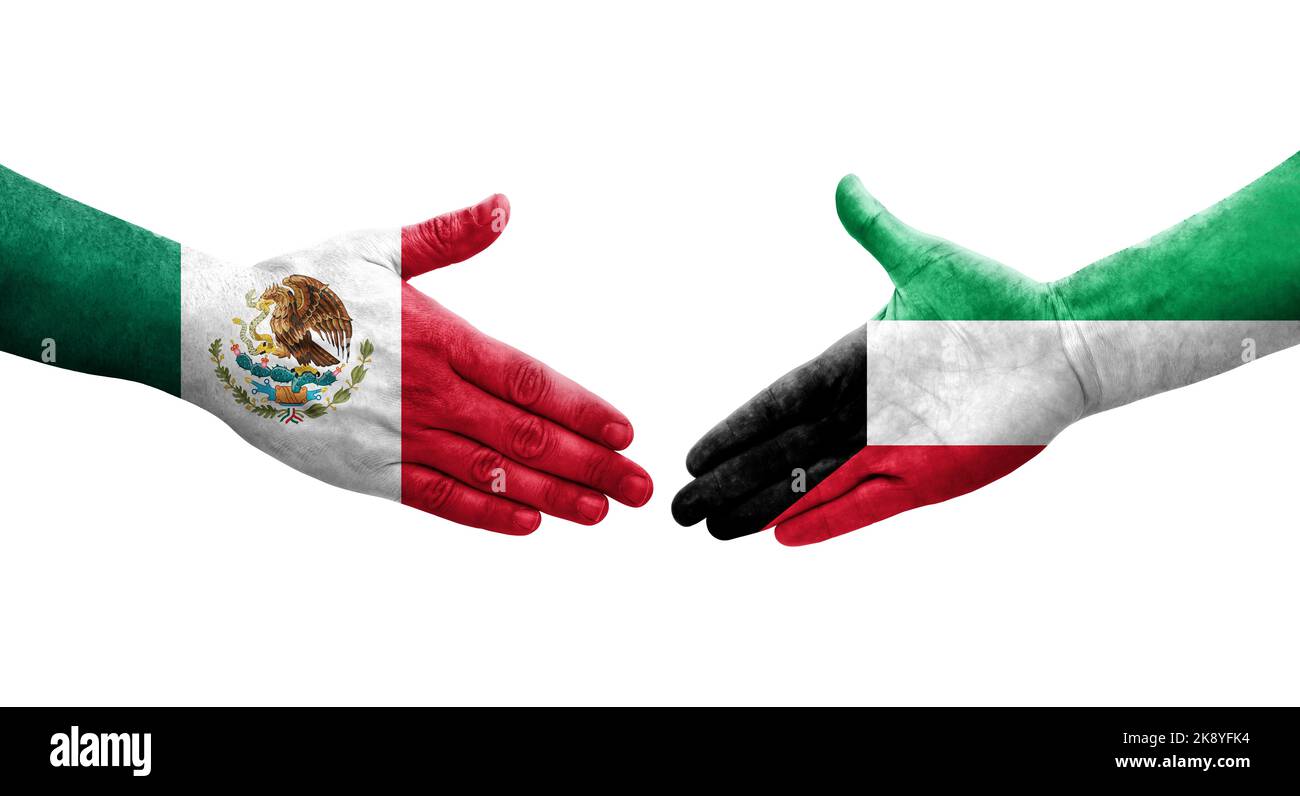 Handshake between Kuwait and Mexico flags painted on hands, isolated ...