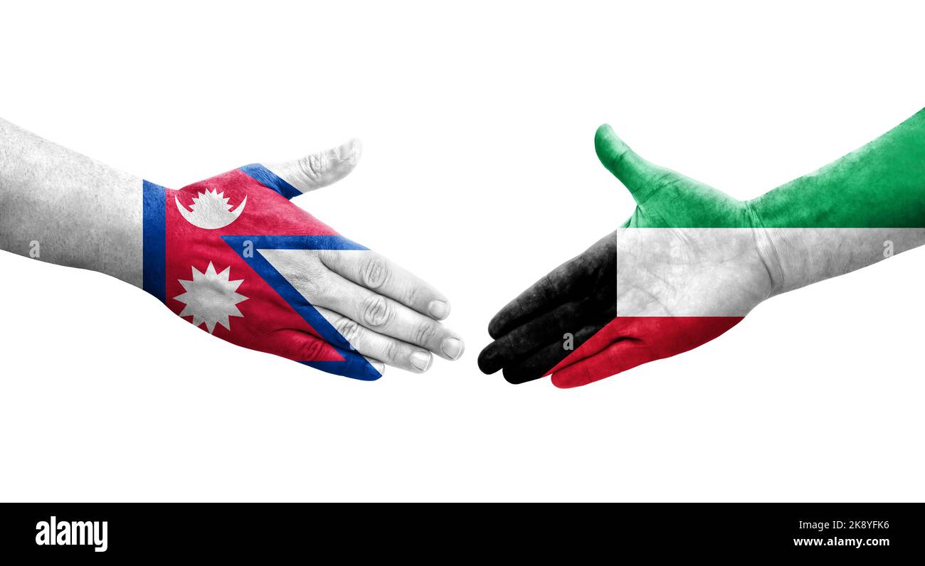 Handshake between Kuwait and Nepal flags painted on hands, isolated ...