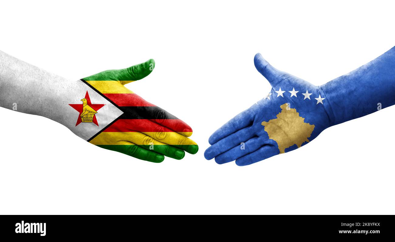 Handshake between Kosovo and Zimbabwe flags painted on hands, isolated ...