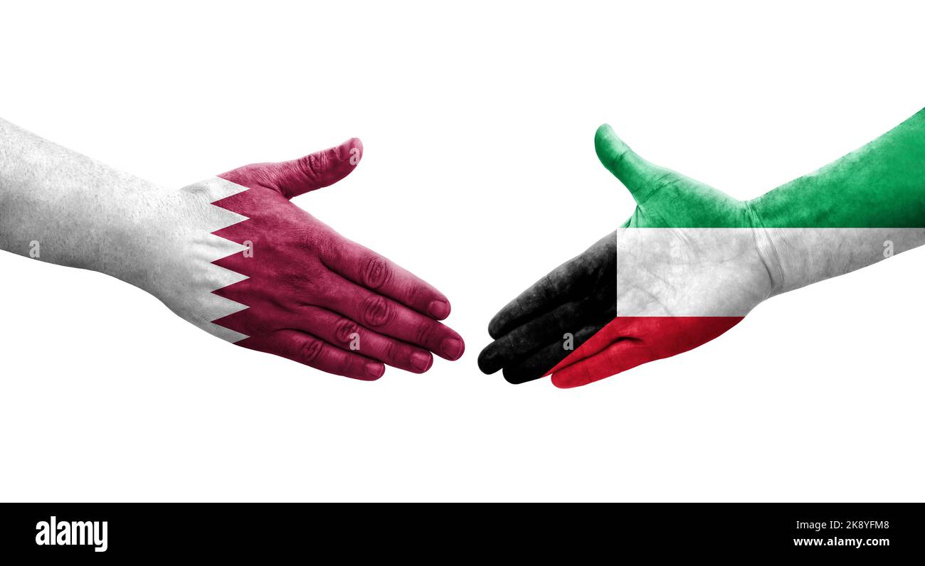 Handshake between Kuwait and Qatar flags painted on hands, isolated ...
