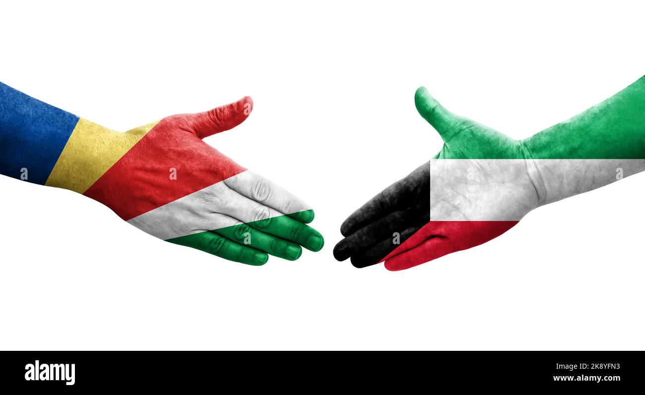 Handshake between Kuwait and Seychelles flags painted on hands ...