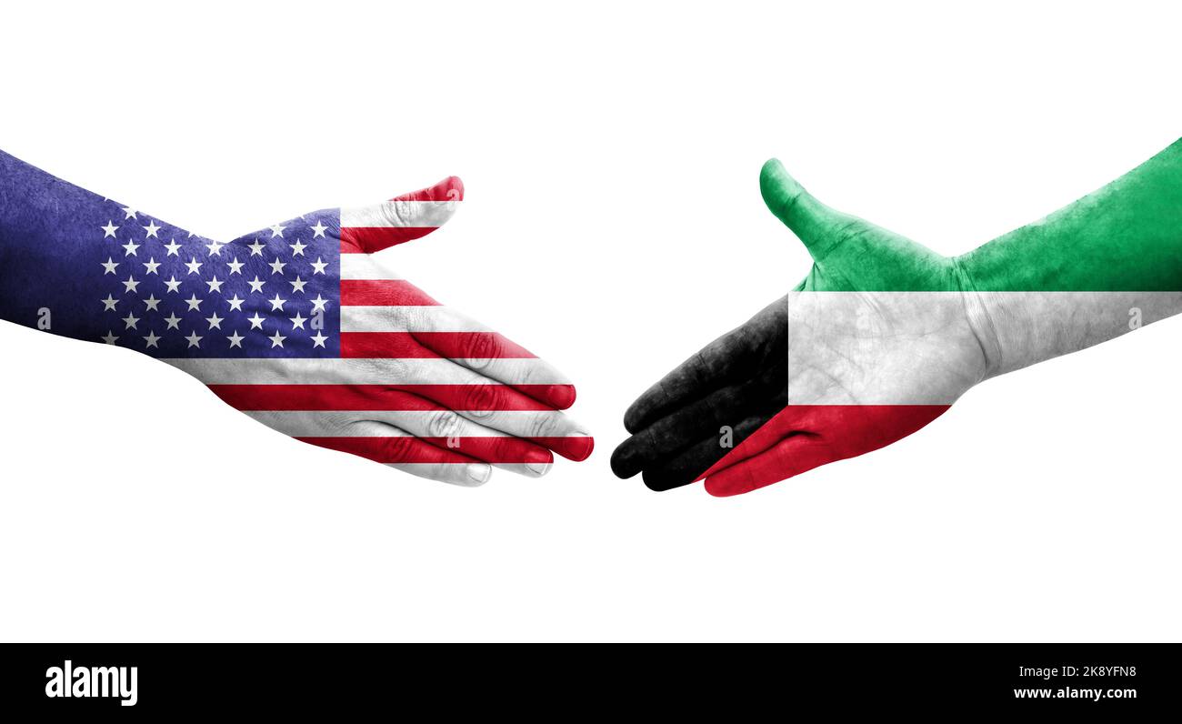 Handshake between Kuwait and USA flags painted on hands, isolated ...