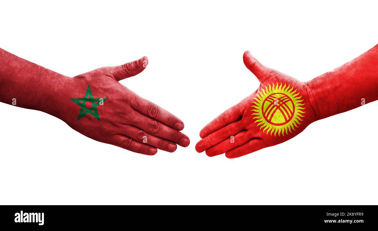 Handshake between Kyrgyzstan and Morocco flags painted on hands ...