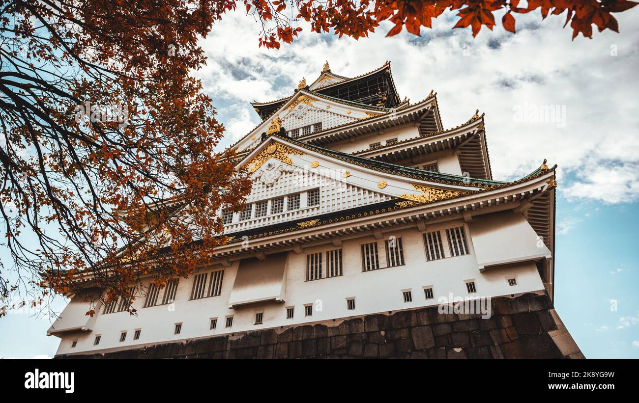 A low angle shot of the Osaka Castle during autumn in Osaka, Japan ...