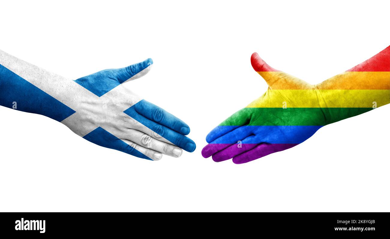 Handshake between LGBT and Scotland flags painted on hands, isolated ...