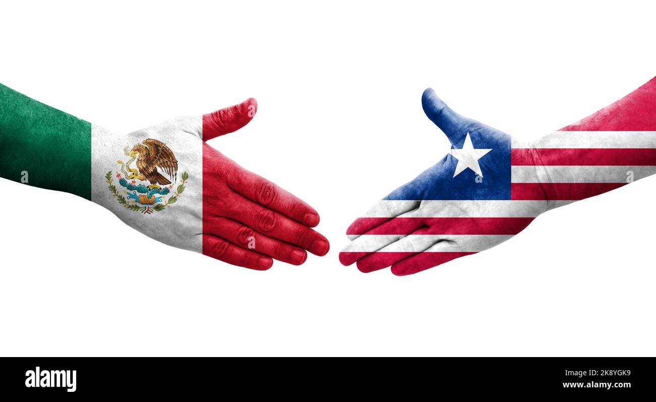 Handshake between Liberia and Mexico flags painted on hands, isolated ...