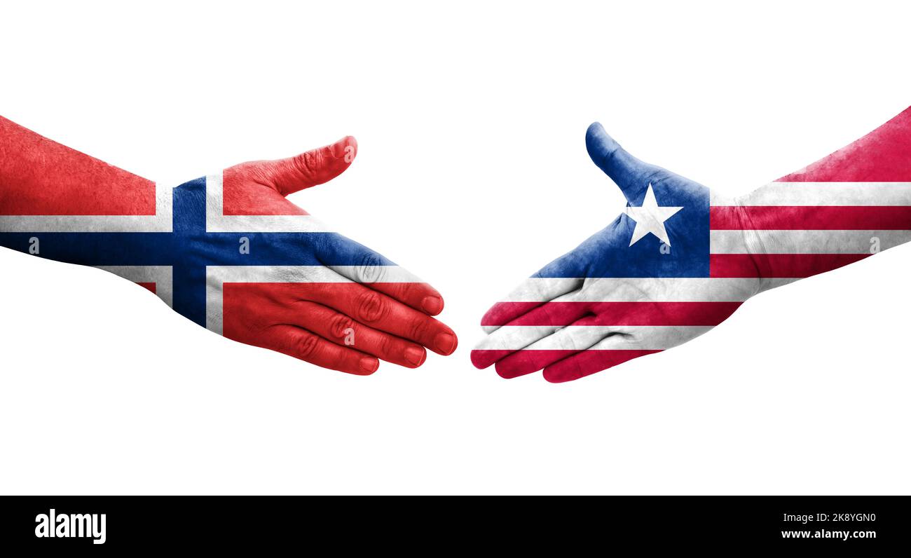 Handshake between Liberia and Norway flags painted on hands, isolated ...