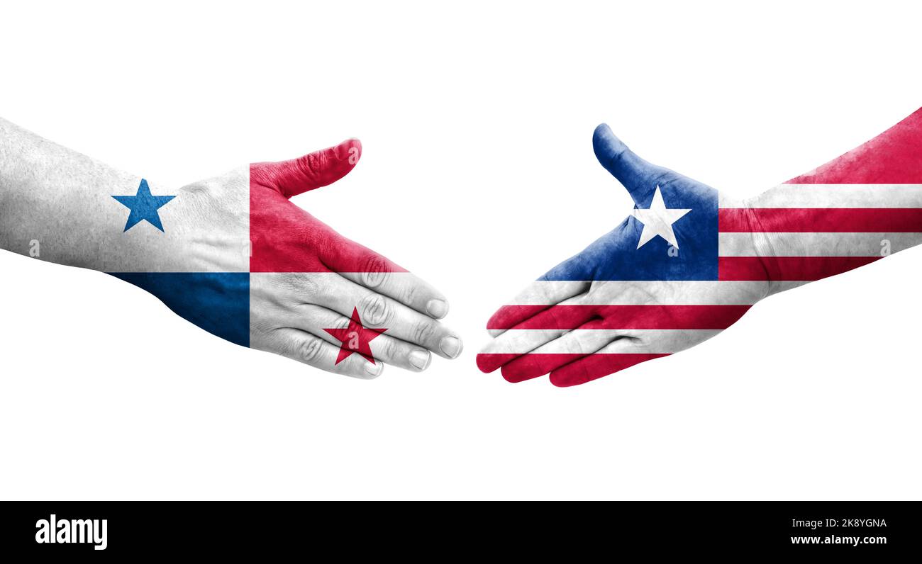 Handshake between Liberia and Panama flags painted on hands, isolated ...