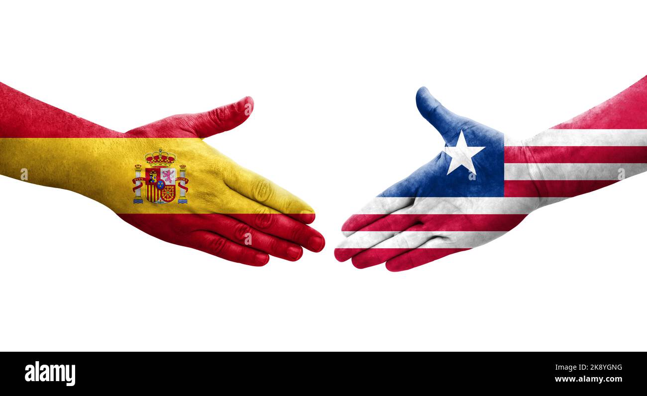 Handshake between Liberia and Spain flags painted on hands, isolated ...