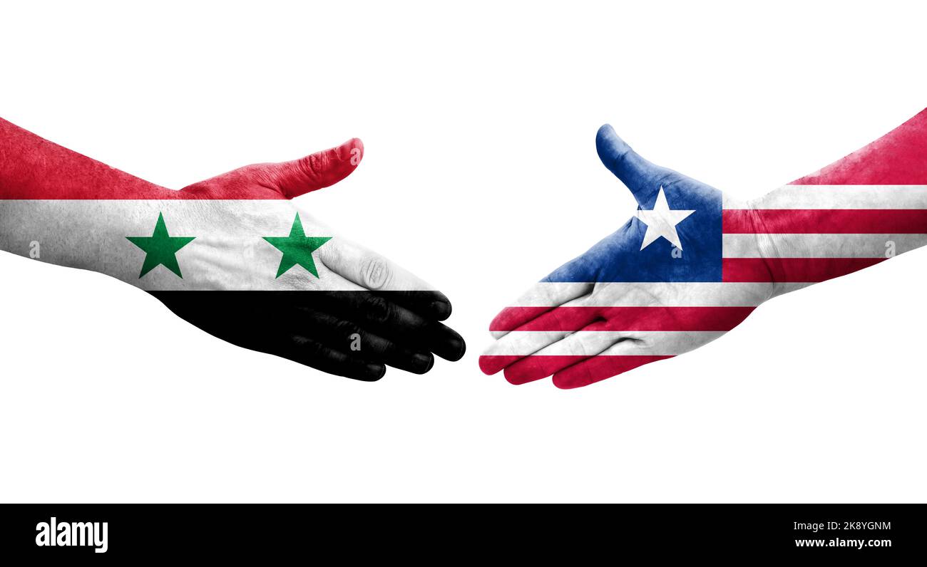 Handshake between Liberia and Syria flags painted on hands, isolated ...