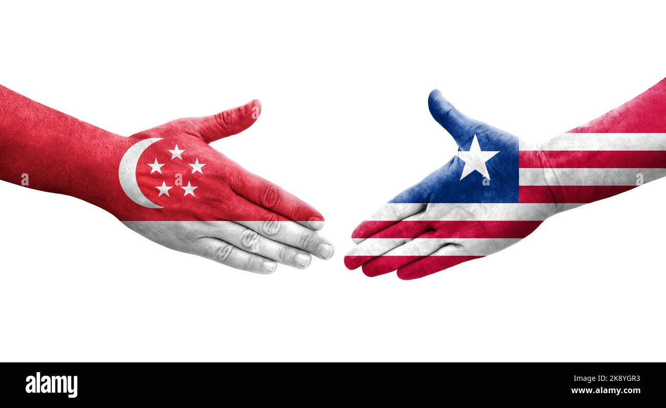 Handshake between Liberia and Singapore flags painted on hands ...