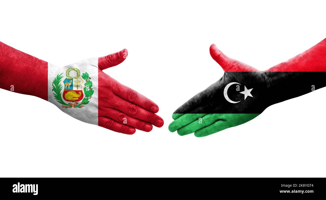 Handshake between Libya and Peru flags painted on hands, isolated ...
