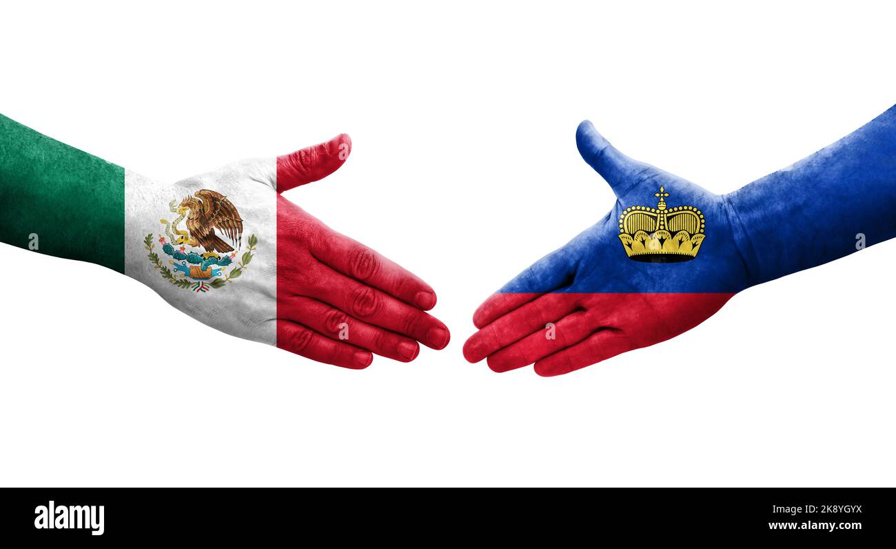 Handshake between Liechtenstein and Mexico flags painted on hands ...
