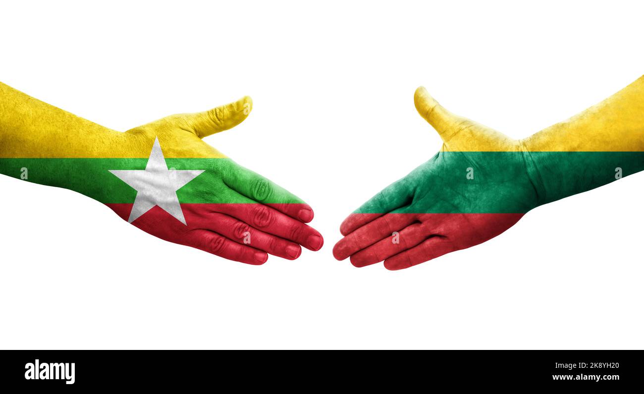 Handshake between Lithuania and Myanmar flags painted on hands ...