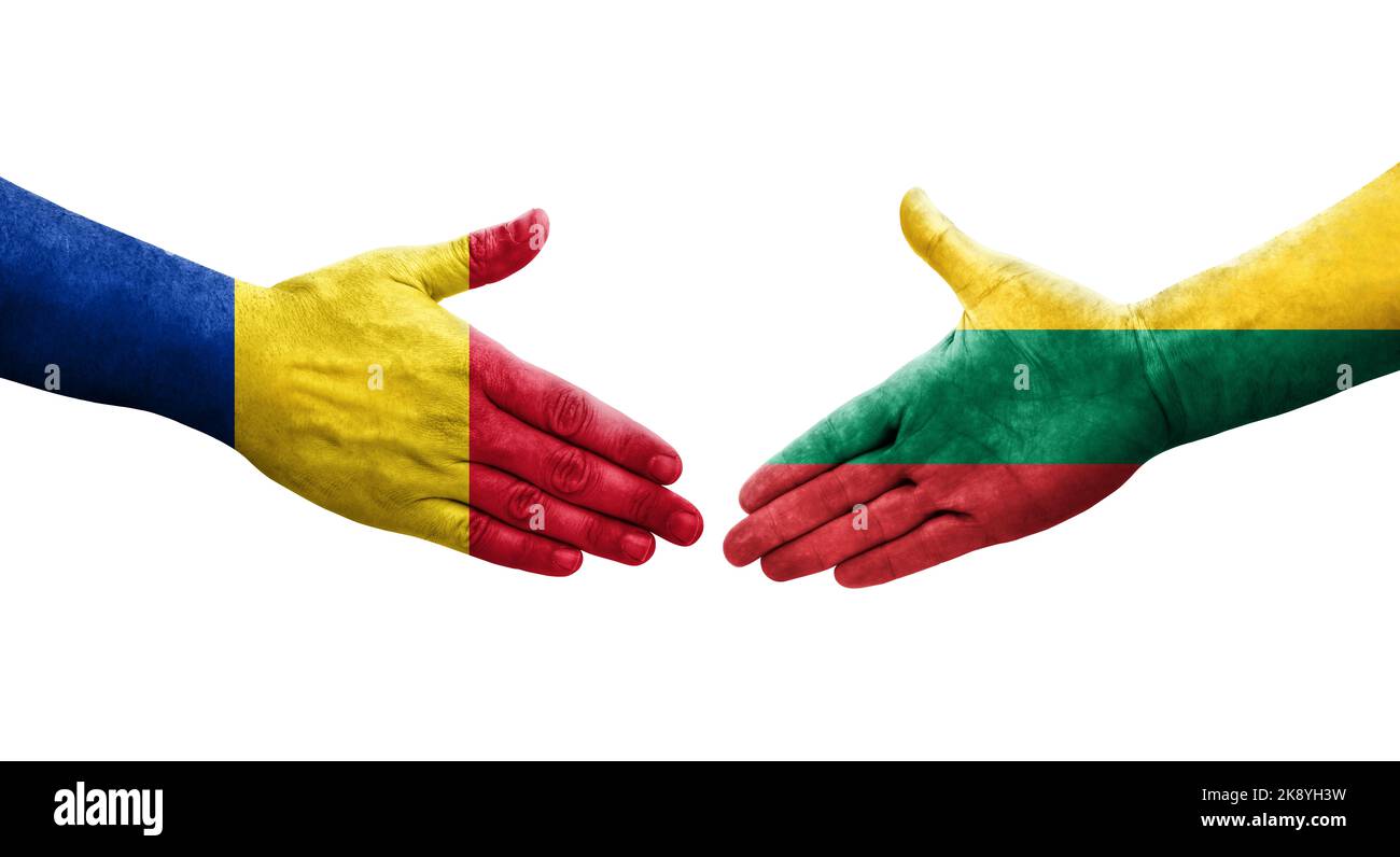 Handshake between Lithuania and Romania flags painted on hands ...