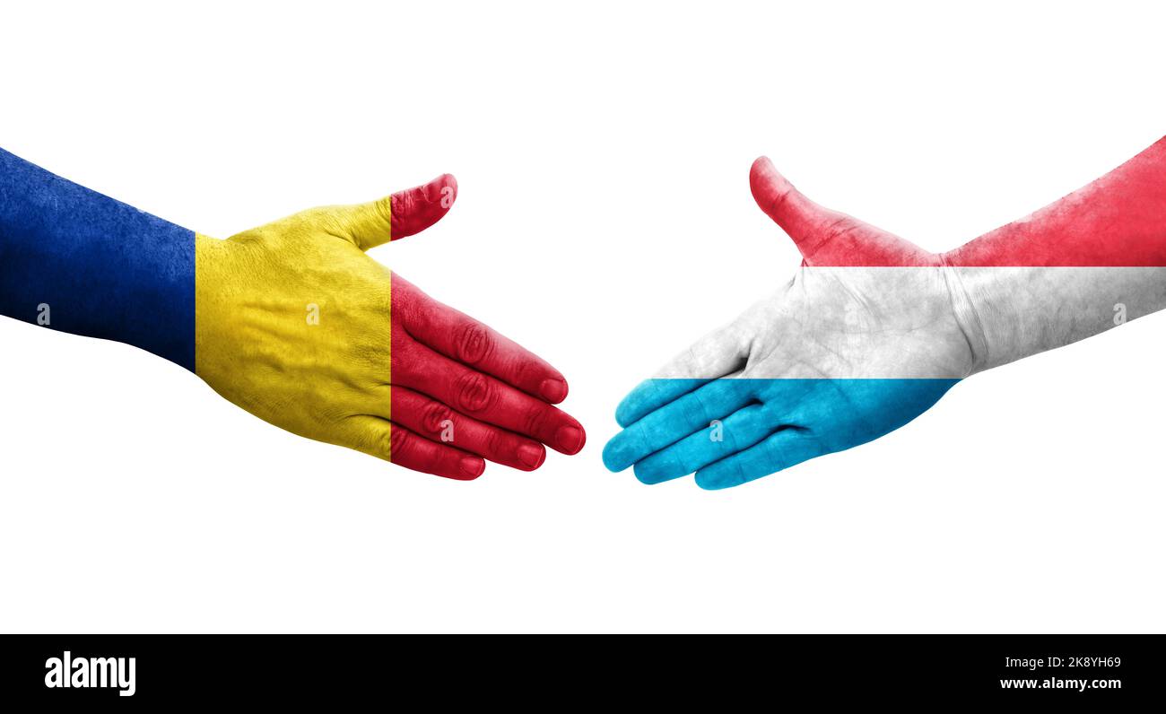 Handshake between Luxembourg and Romania flags painted on hands ...