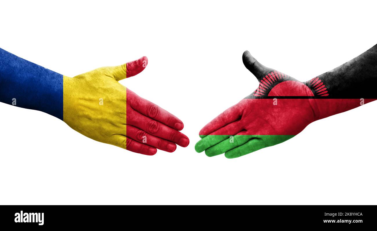 Handshake between Malawi and Romania flags painted on hands, isolated ...