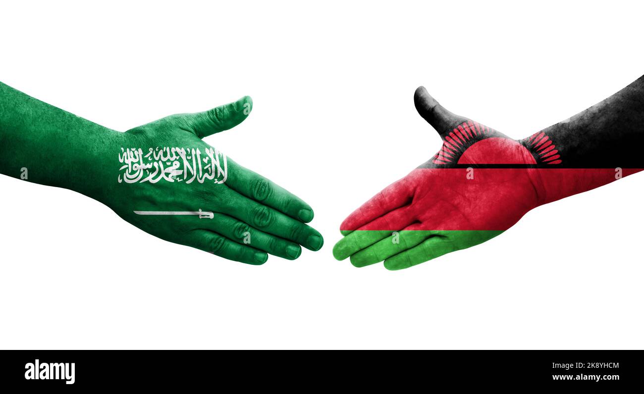 Handshake between Malawi and Saudi Arabia flags painted on hands ...