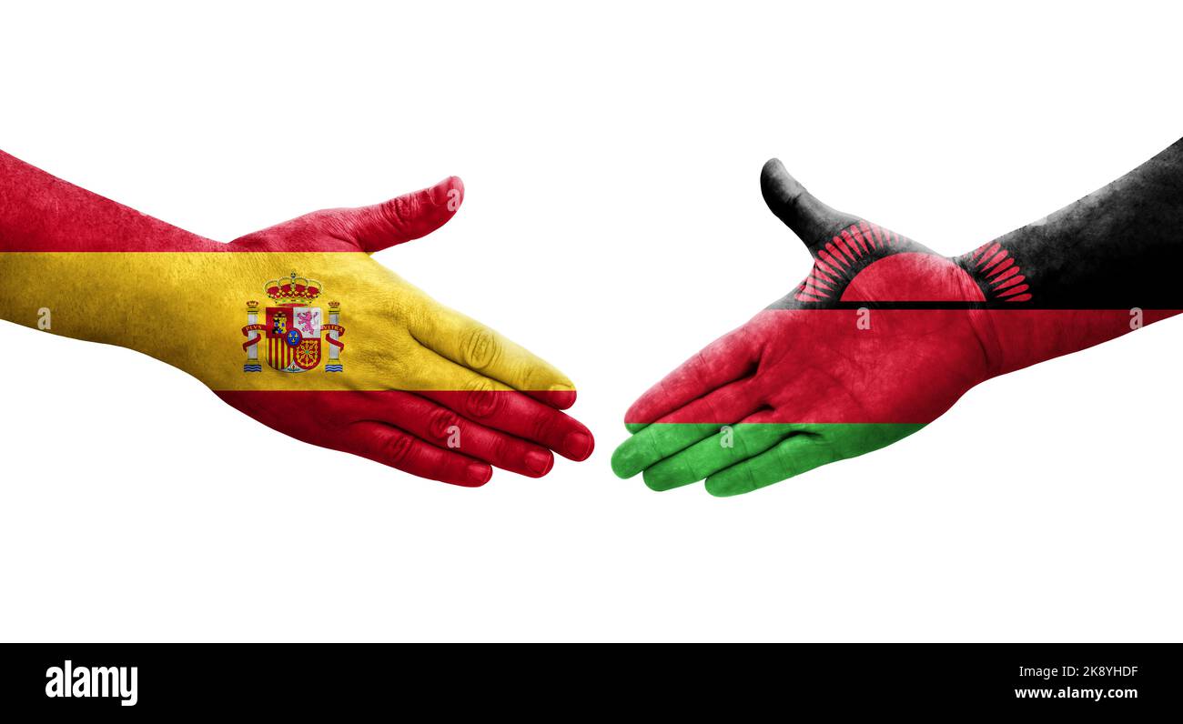 Handshake between Malawi and Spain flags painted on hands, isolated ...