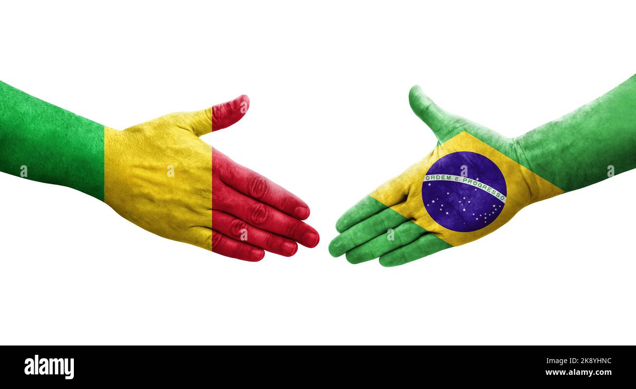 Handshake between Mali and Brazil flags painted on hands, isolated ...