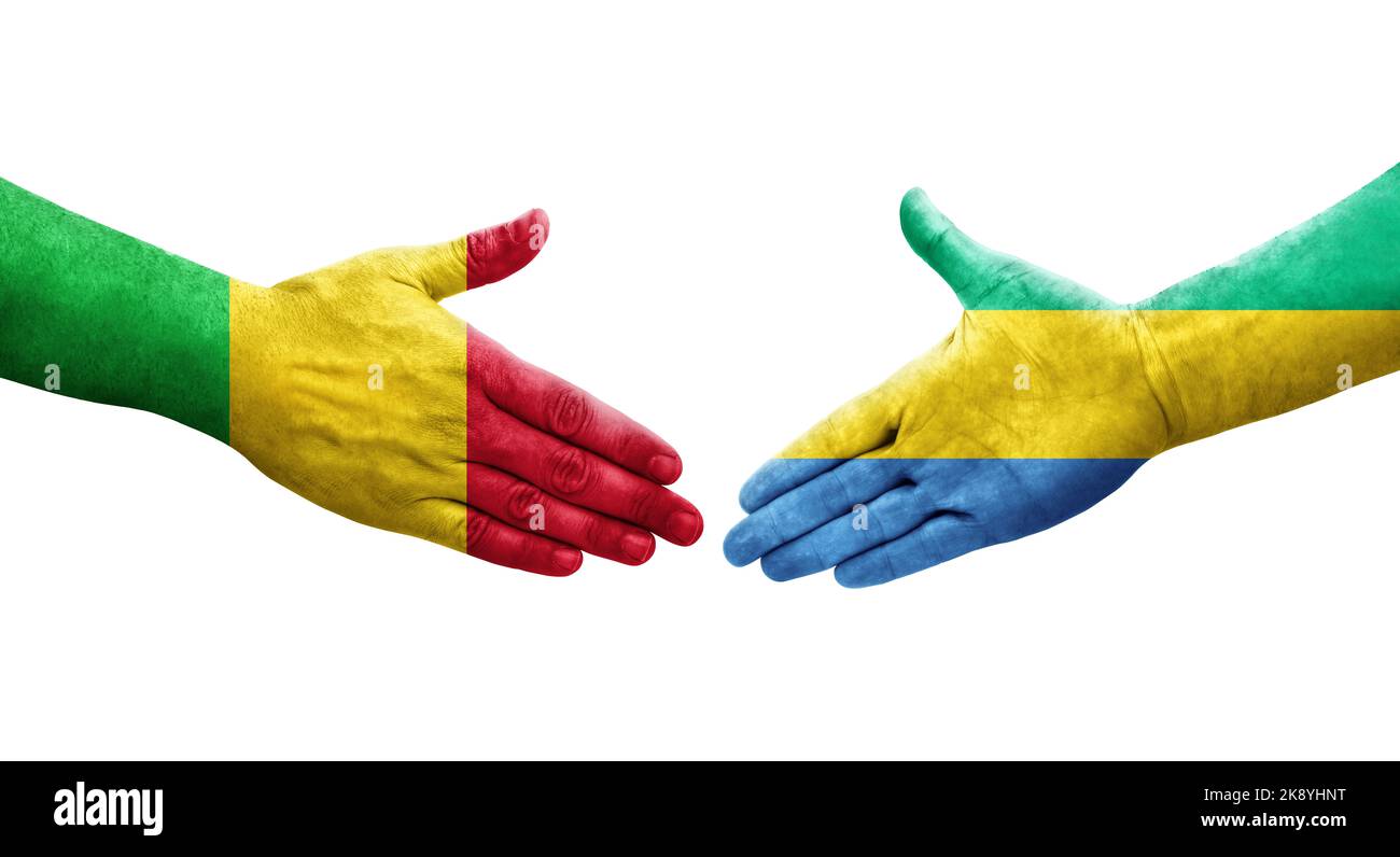Handshake between Mali and Gabon flags painted on hands, isolated ...